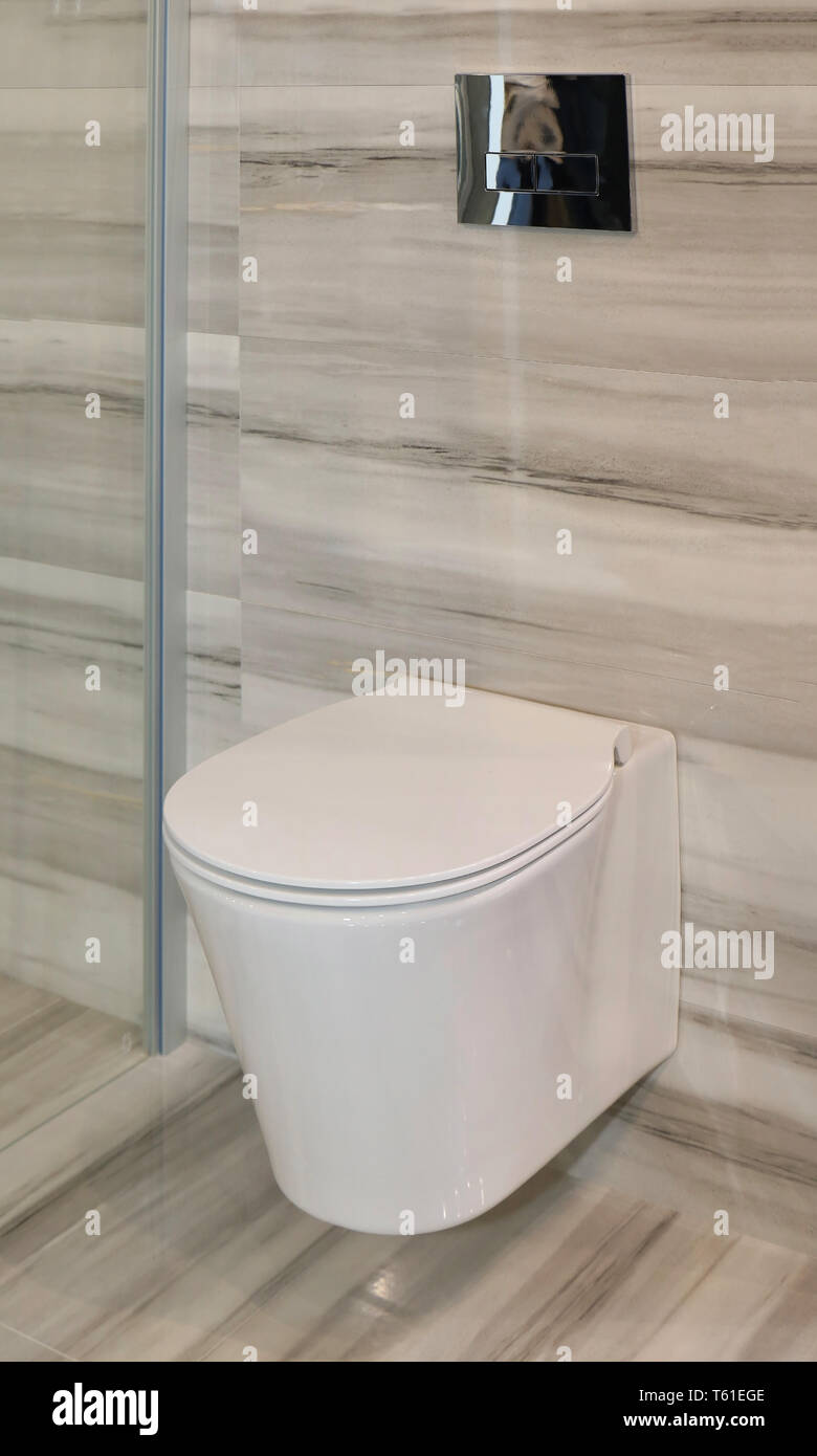Modern toilet in contemporary bathroom interior with beige tiles Stock ...