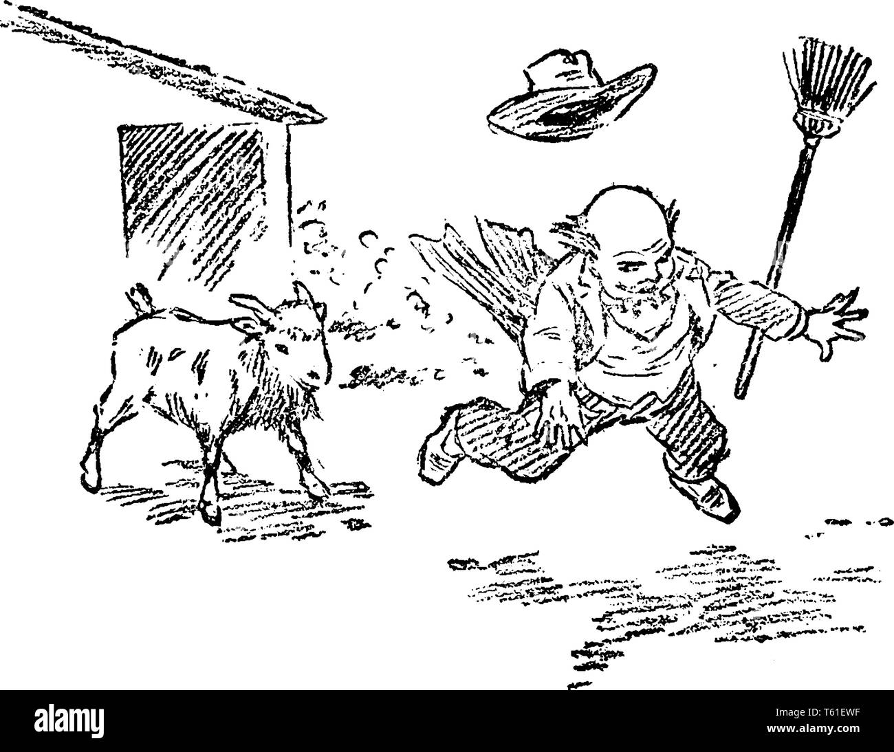 A man falling down after a sheep knocked him, vintage line drawing or ...