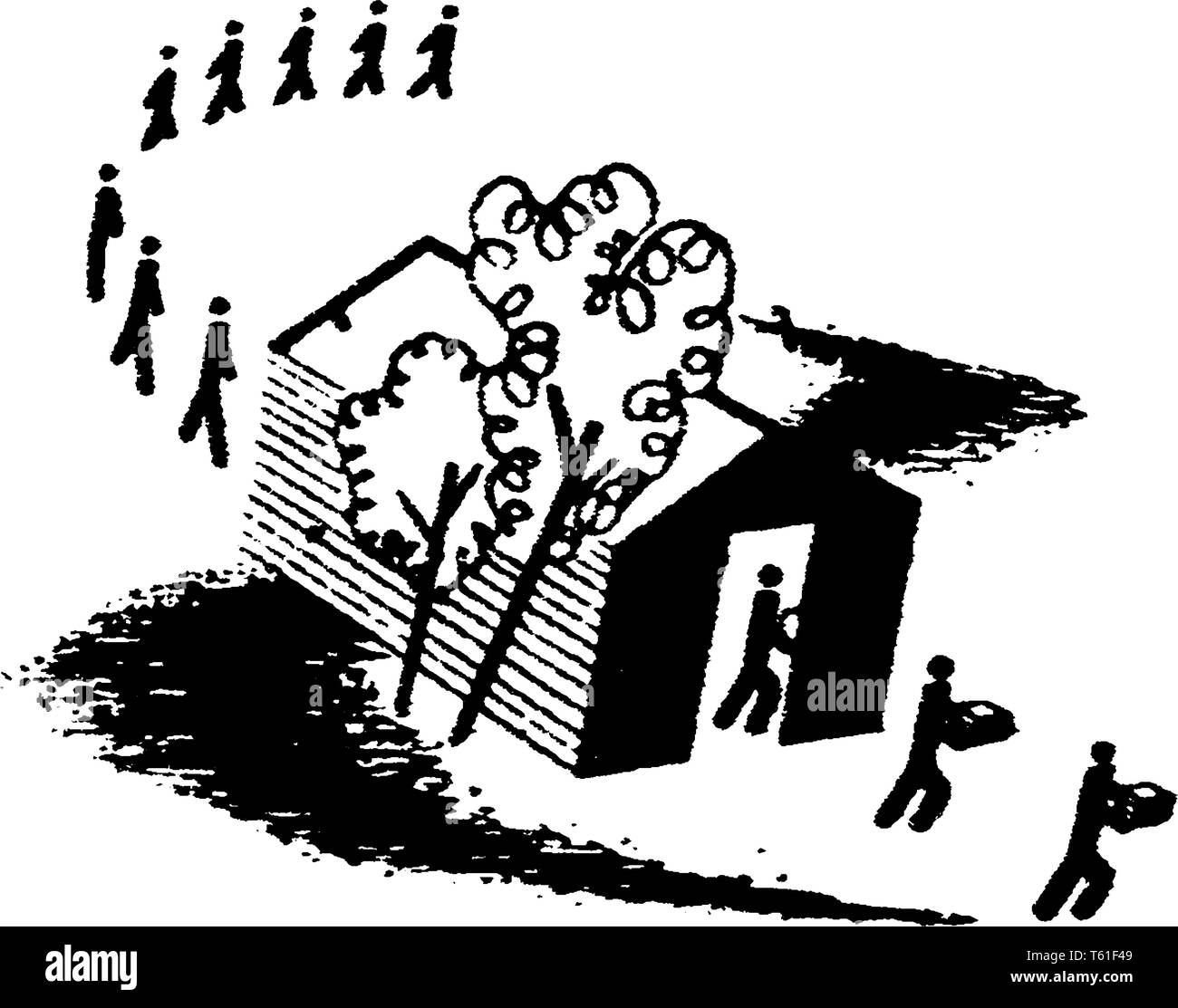 Men entering and exiting building in line, vintage line drawing or ...