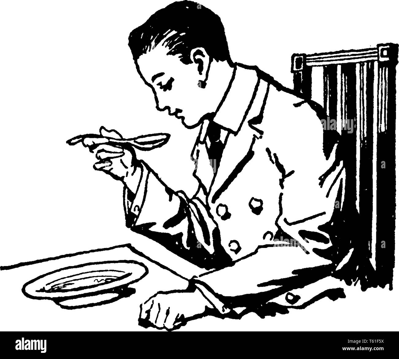 A man sitting at dinner table and eating soup from bowl kept on table ...