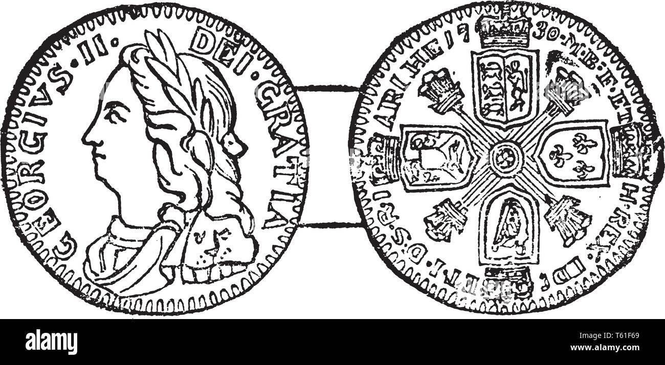 This image represents Coin of George II, vintage line drawing or ...