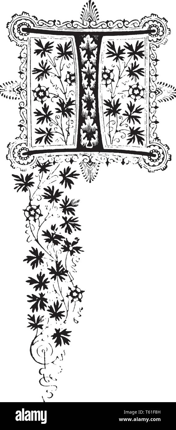 An ornamental and decorative letter I, vintage line drawing or ...