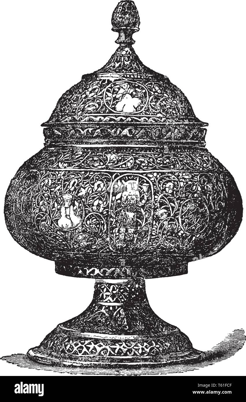 This illustration represents Brass Vase, vintage line drawing or ...