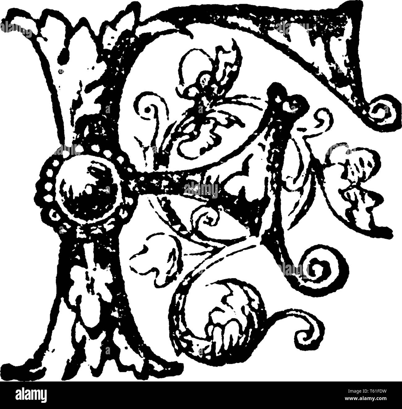 A decorative and floral capital letter F, vintage line drawing or ...