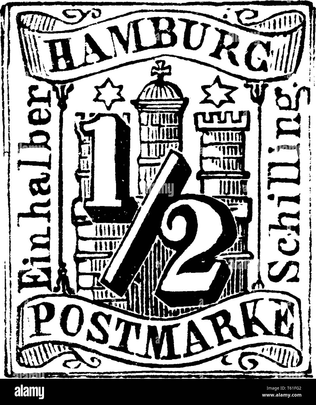 This image represents Hamburg one and half Schilling Stamp in 1859, vintage line drawing or ...