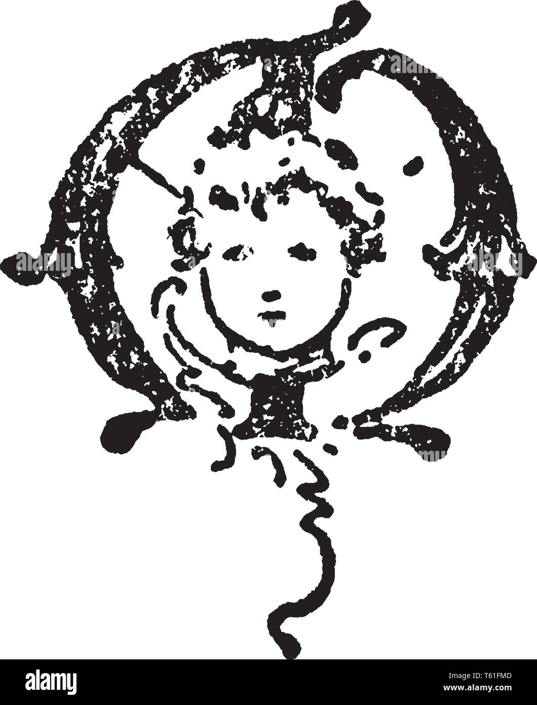 A letter M with face of person, vintage line drawing or engraving ...