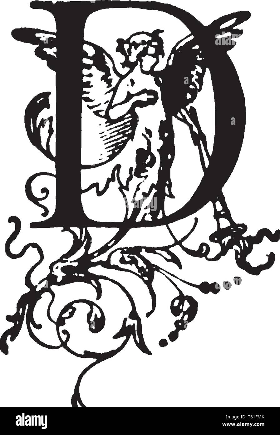 An ornamental capital letter D with an angel, vintage line drawing or ...
