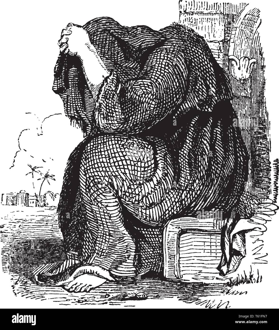 A person in sack cloth, vintage line drawing or engraving illustration ...