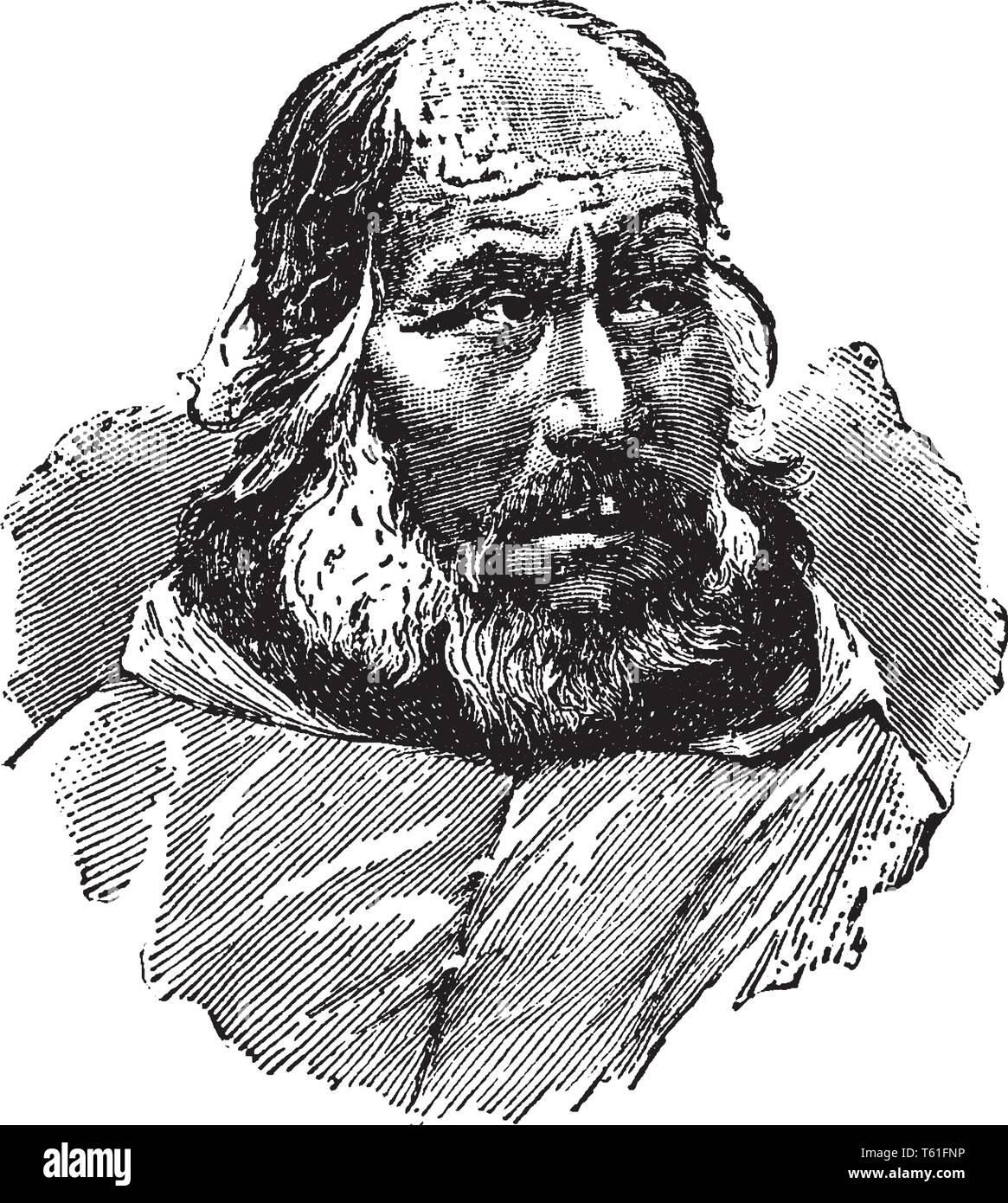 Face of Eskimo man, vintage line drawing or engraving illustration ...