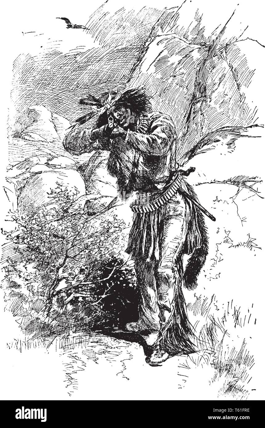 A warrior with gun from the Apache tribe, vintage line drawing or ...