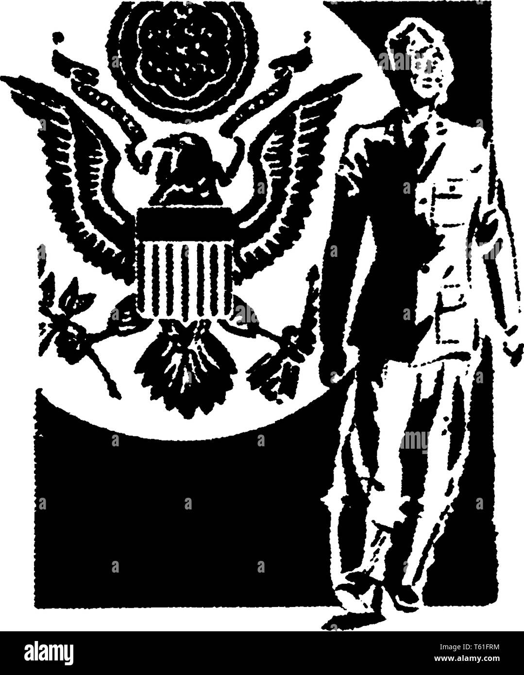 A military man standing in front of the army insignia, vintage line ...