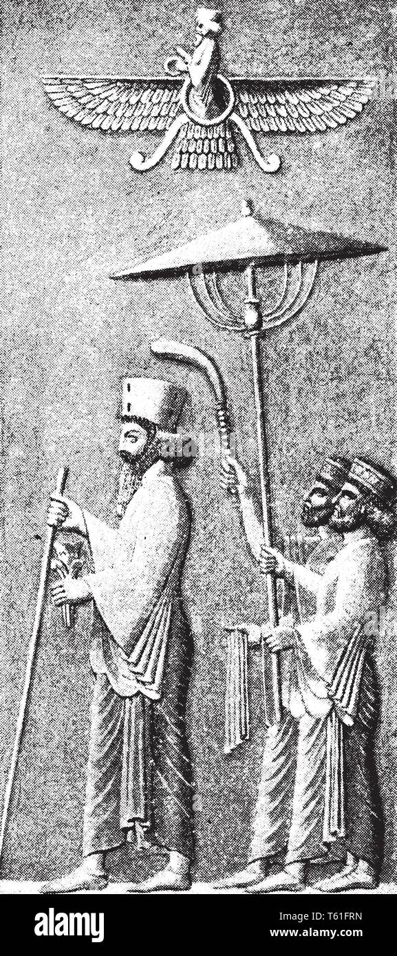 Darius the Persian king and the symbol of Ormuzd, vintage line drawing ...