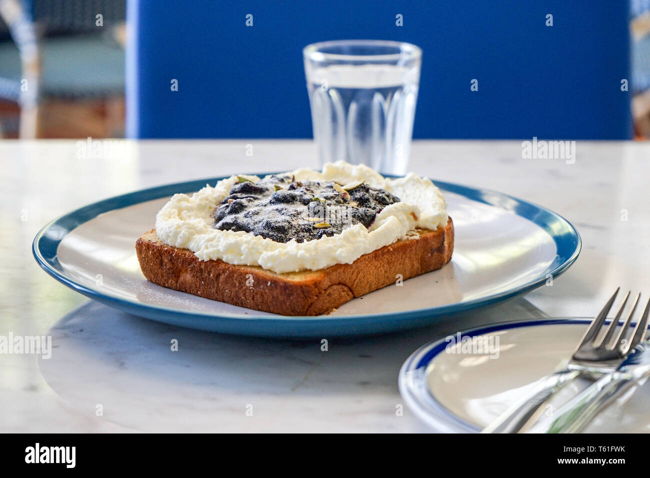 blueberry cheese toast on disk; blue rim with white color in the middle ...