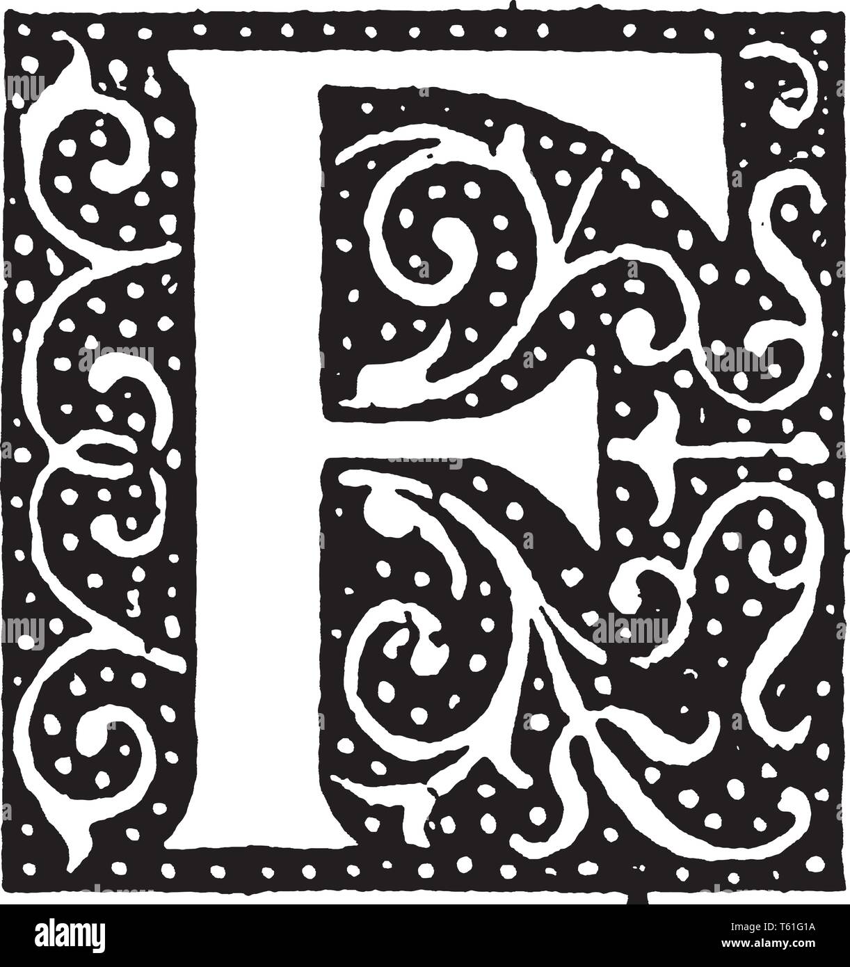 An ornamental and decorative capital letter F, vintage line drawing or ...