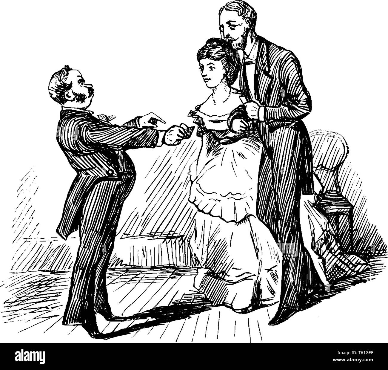 A man talking to couple standing in front of him, vintage line drawing ...