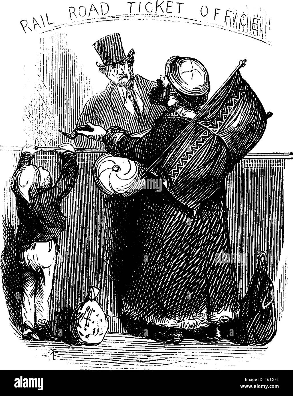 A man with boy purchasing train ticket, vintage line drawing or ...