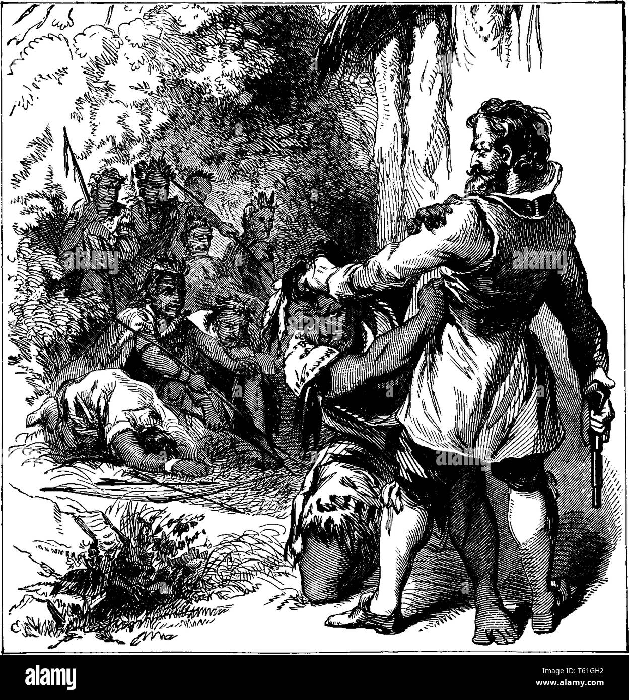 The meeting between Capt. John Smith and Powhatan,vintage line drawing ...