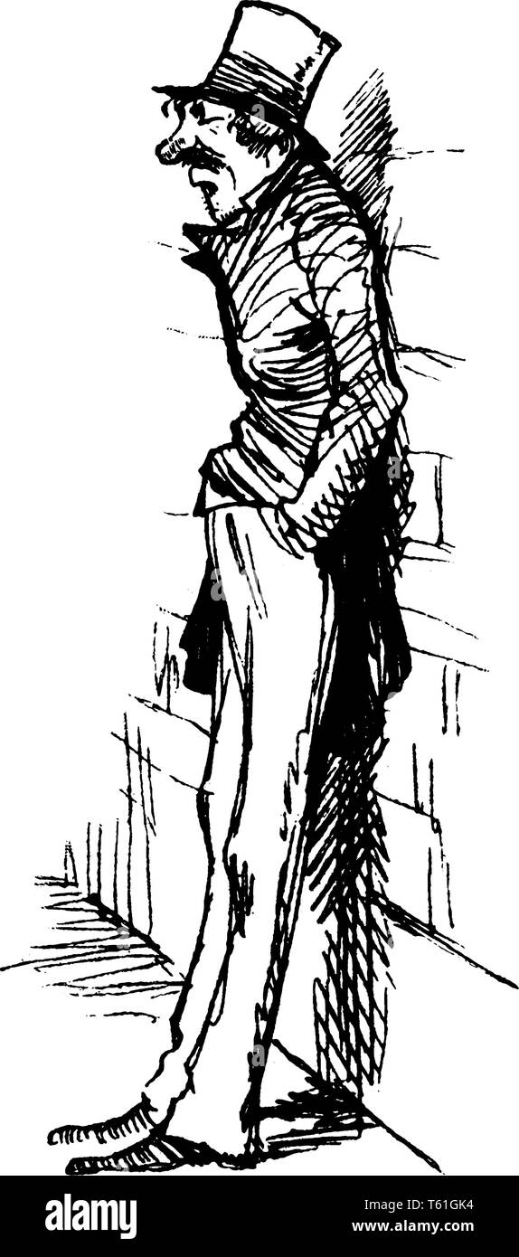 A man leaning against a wall with his hands in his pocket, vintage line ...