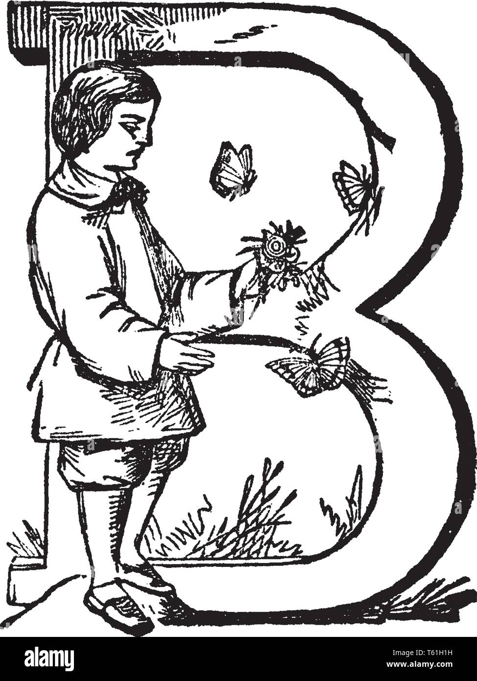 A capital letter B with child and butterflies, vintage line drawing or ...