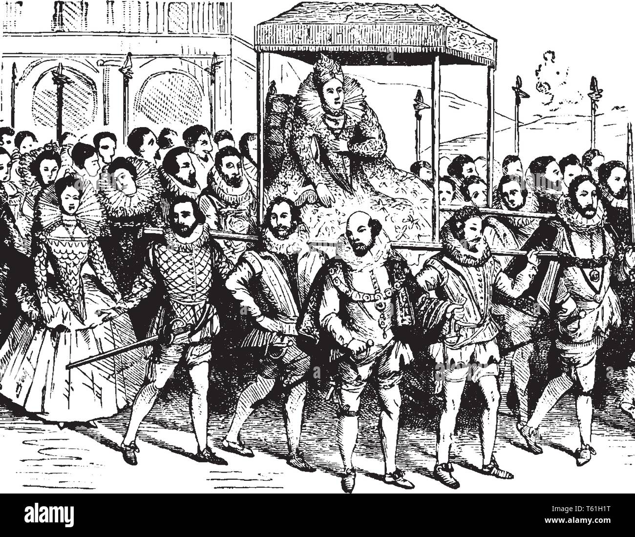 Elizabeth being carried on a gondola by eight men, vintage line drawing ...