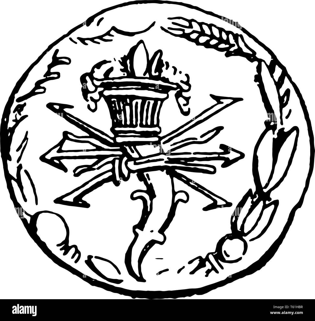 An image showing a coin that has a torch design, vintage line drawing ...