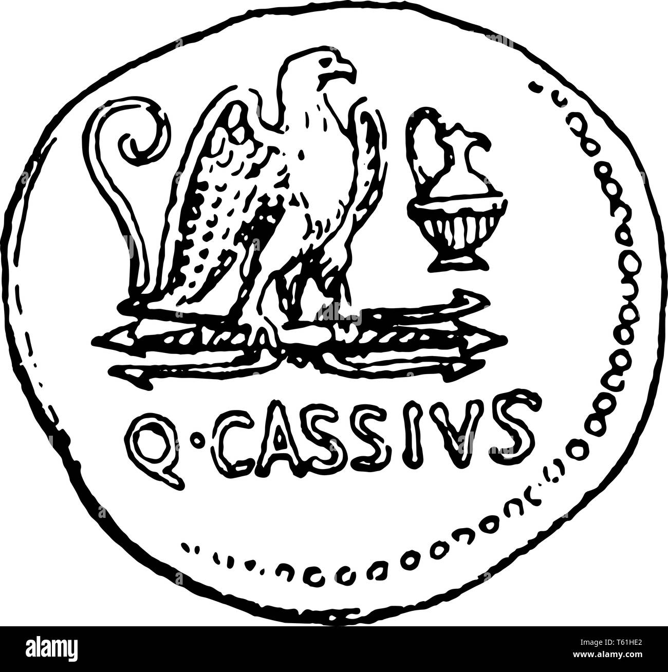 Coin with design of eagle sitting on weapons, vintage line drawing or ...