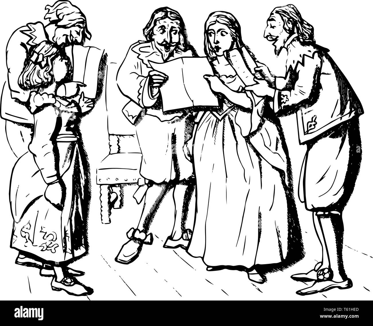 Singing Group of men and woman holding sheet music and singing, vintage ...