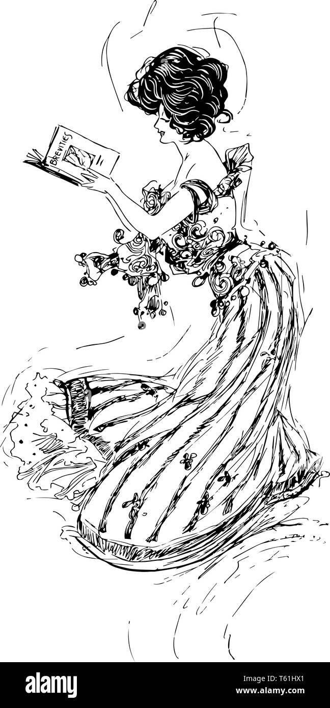 Woman & Book, adult, female, glance, Lady, read, vintage line drawing ...