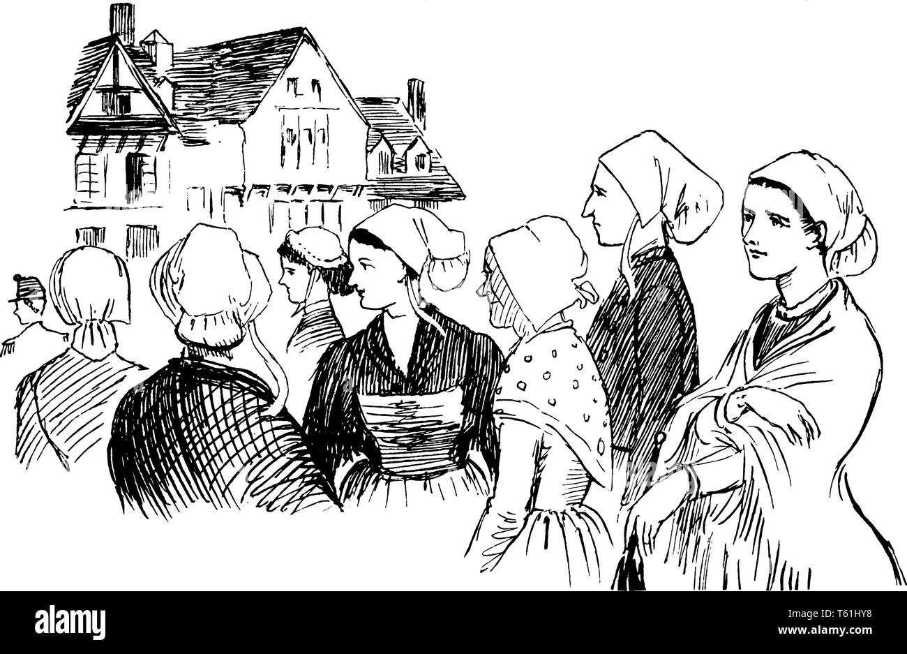 Group of women standing together, vintage line drawing or engraving ...