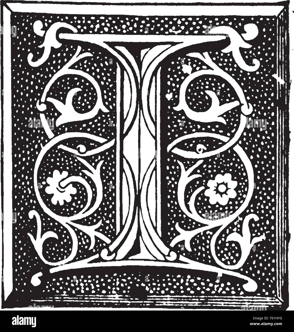 An ornamental and decorative letter I, vintage line drawing or ...