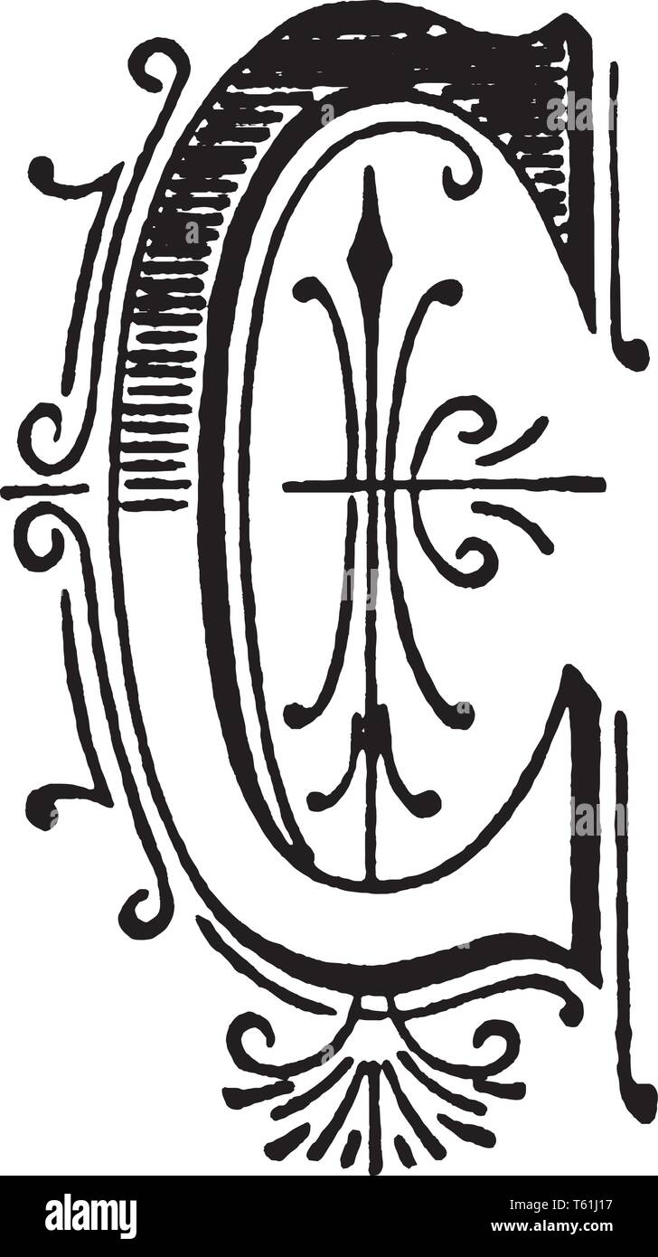 An ornamental and decorative capital letter C, vintage line drawing or ...