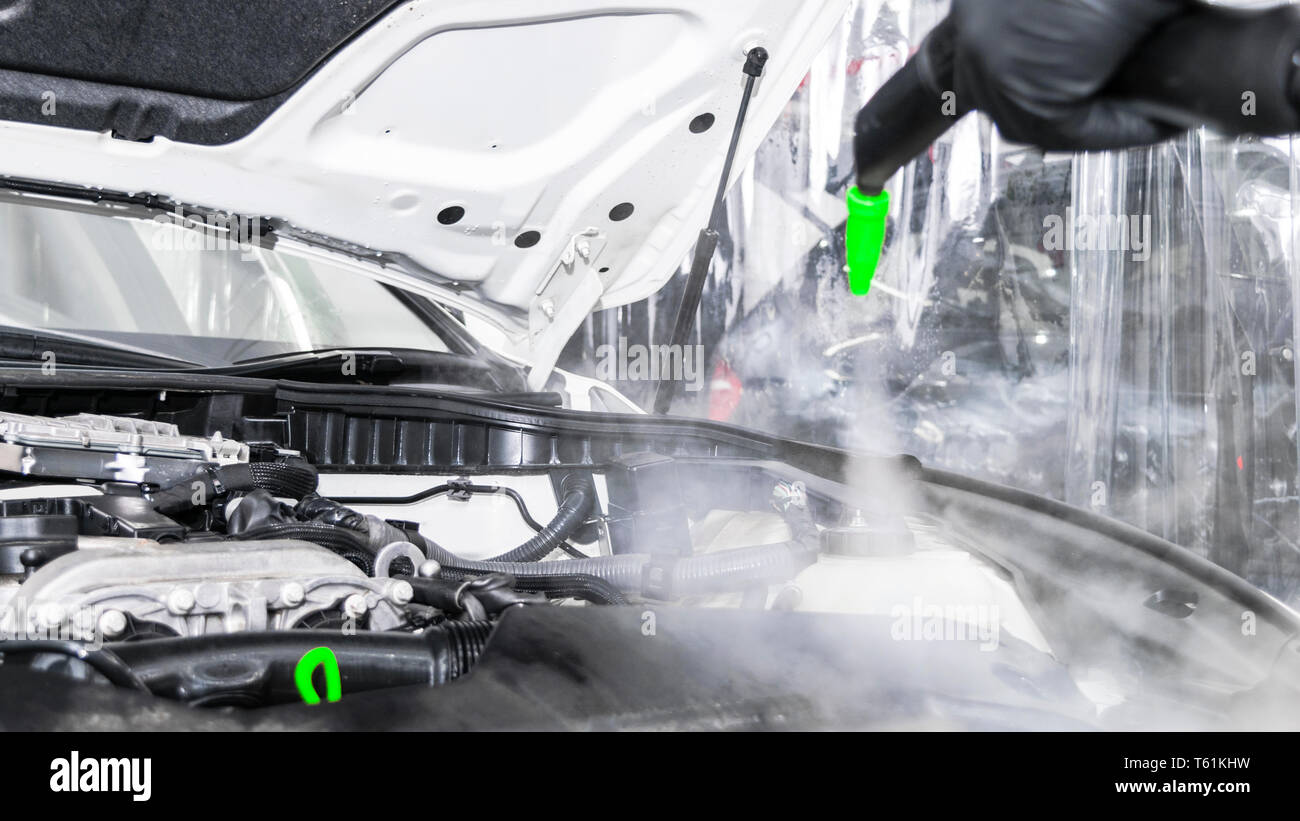 Car detailing. Washing and cleaning engine. Cleaning car engine using ...