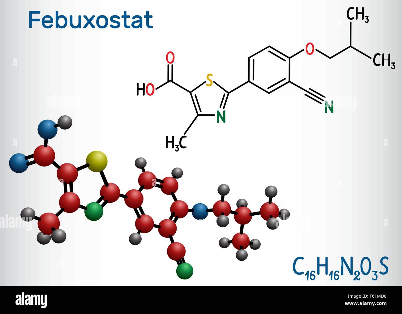 Febuxostat molecule. Structural chemical formula and molecule model ...