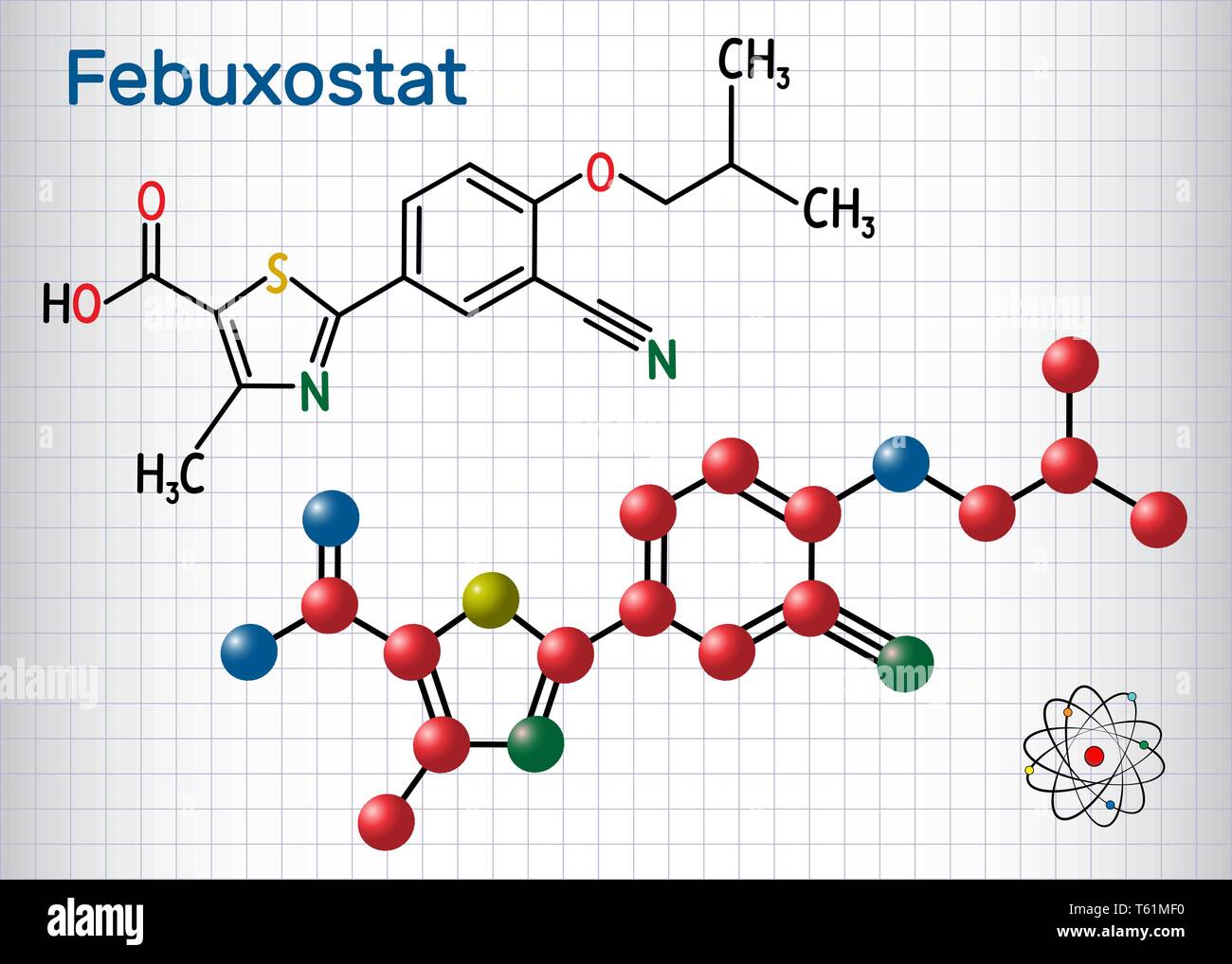 Febuxostat molecule. Structural chemical formula and molecule model ...