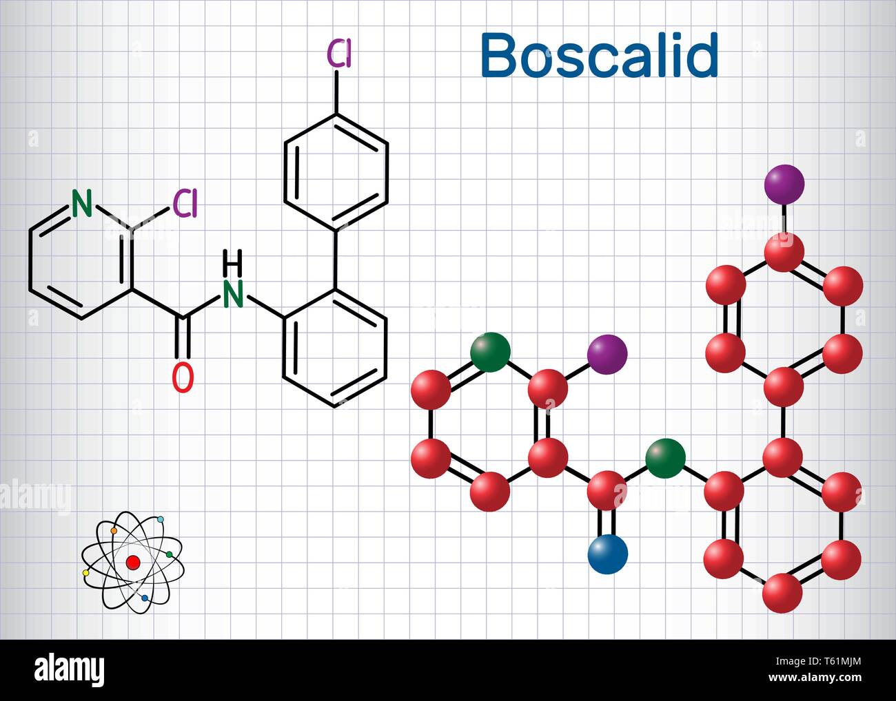 Boscalid molecule. Structural chemical formula and molecule model ...