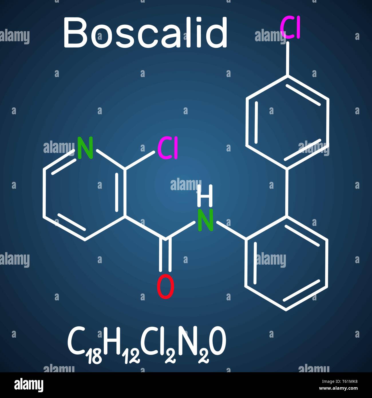 Boscalid molecule. Structural chemical formula and molecule model on ...