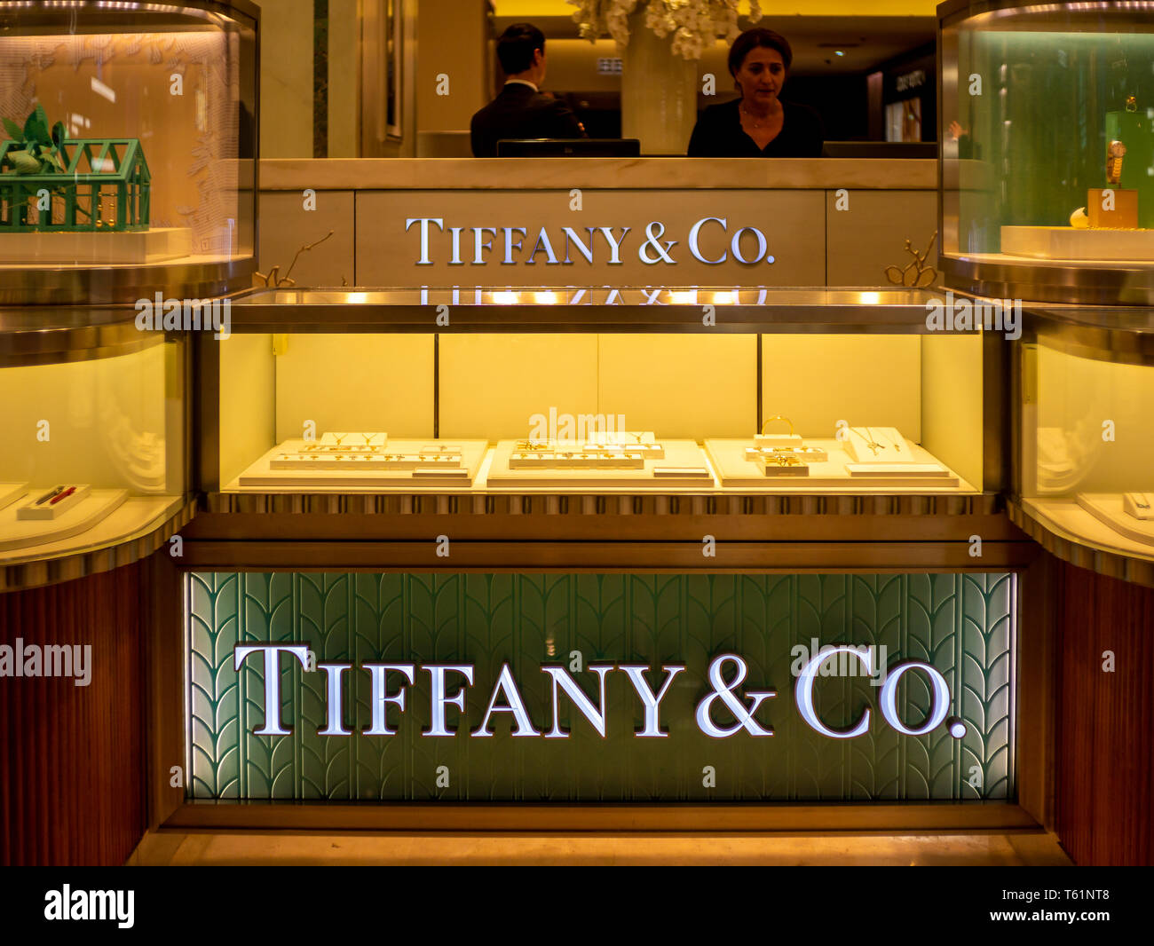 Paris, France, August 18,2018: Tiffany & Co logo on display in Galeries ...