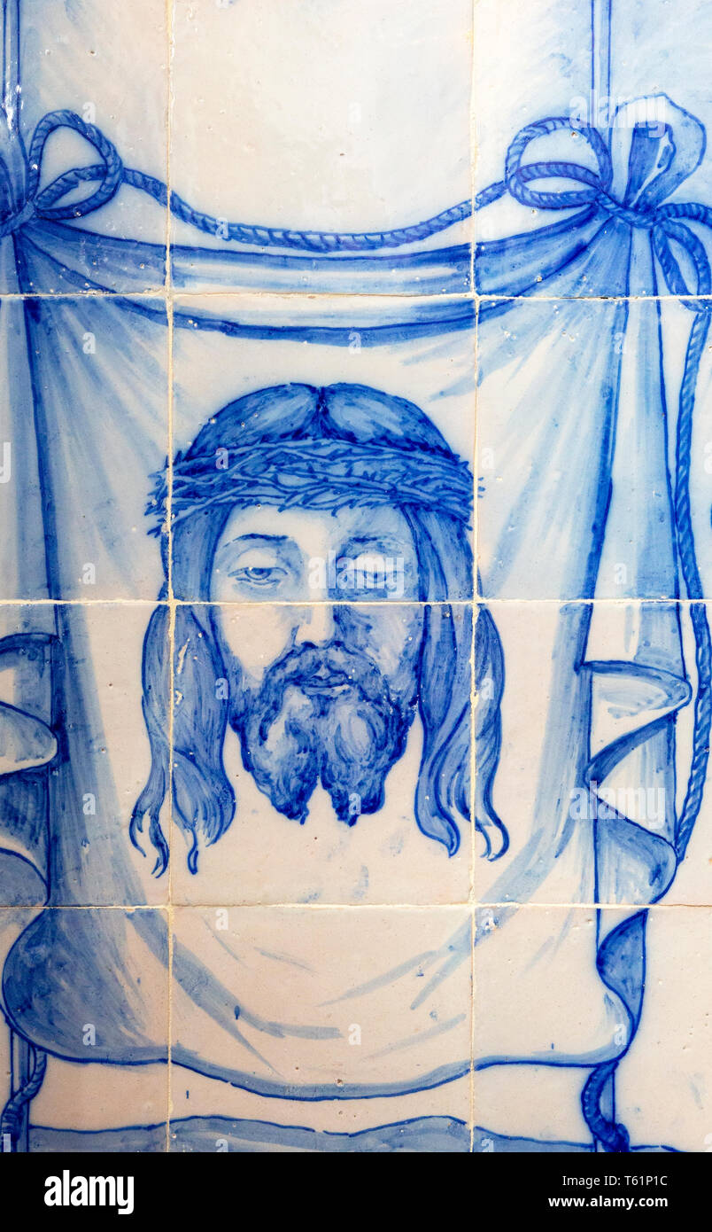 Blue and white traditional Azulejo ceramic tiles forming picture of the ...