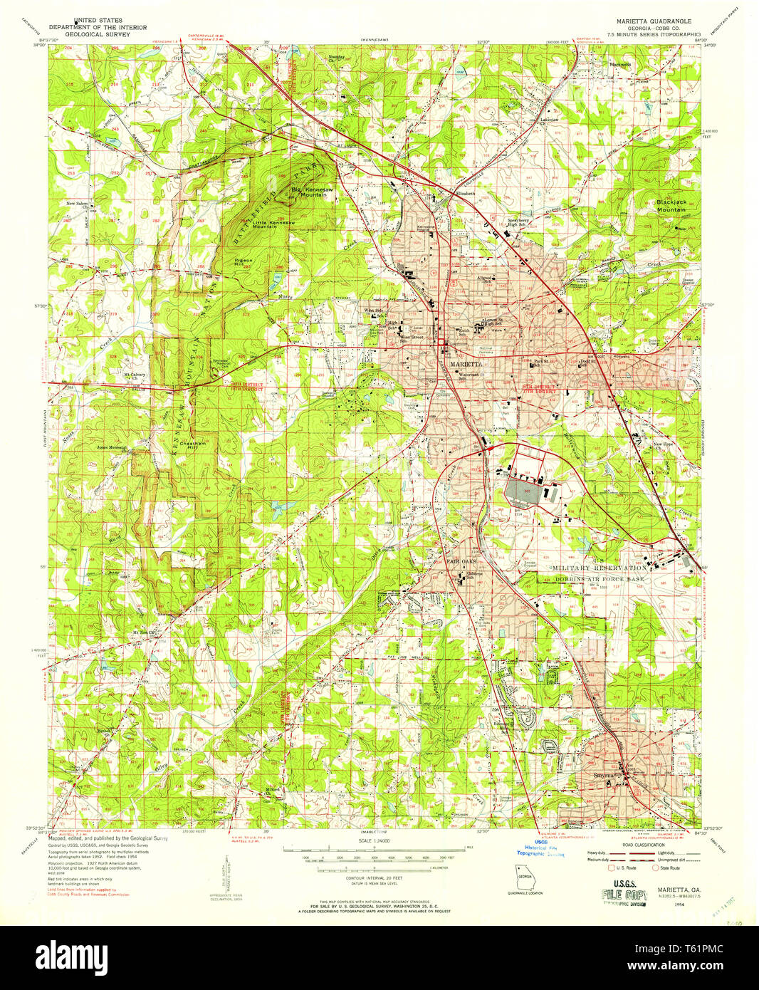 USGS TOPO Map Georgia GA Marietta 246294 1954 24000 Restoration Stock ...