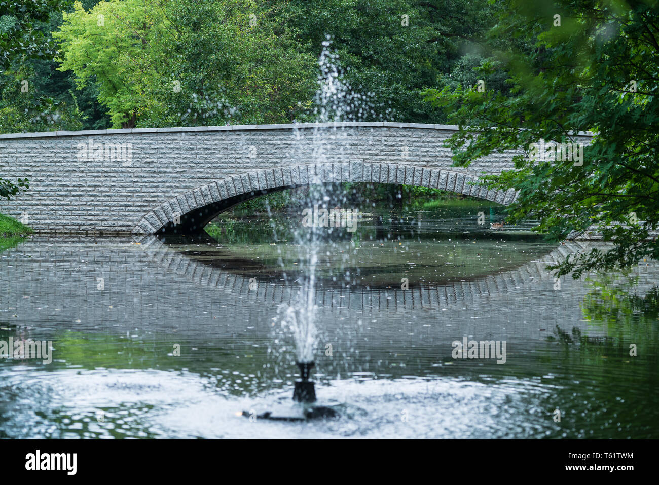 Bridge, fountain and river landscape. Natural summer background pattern ...