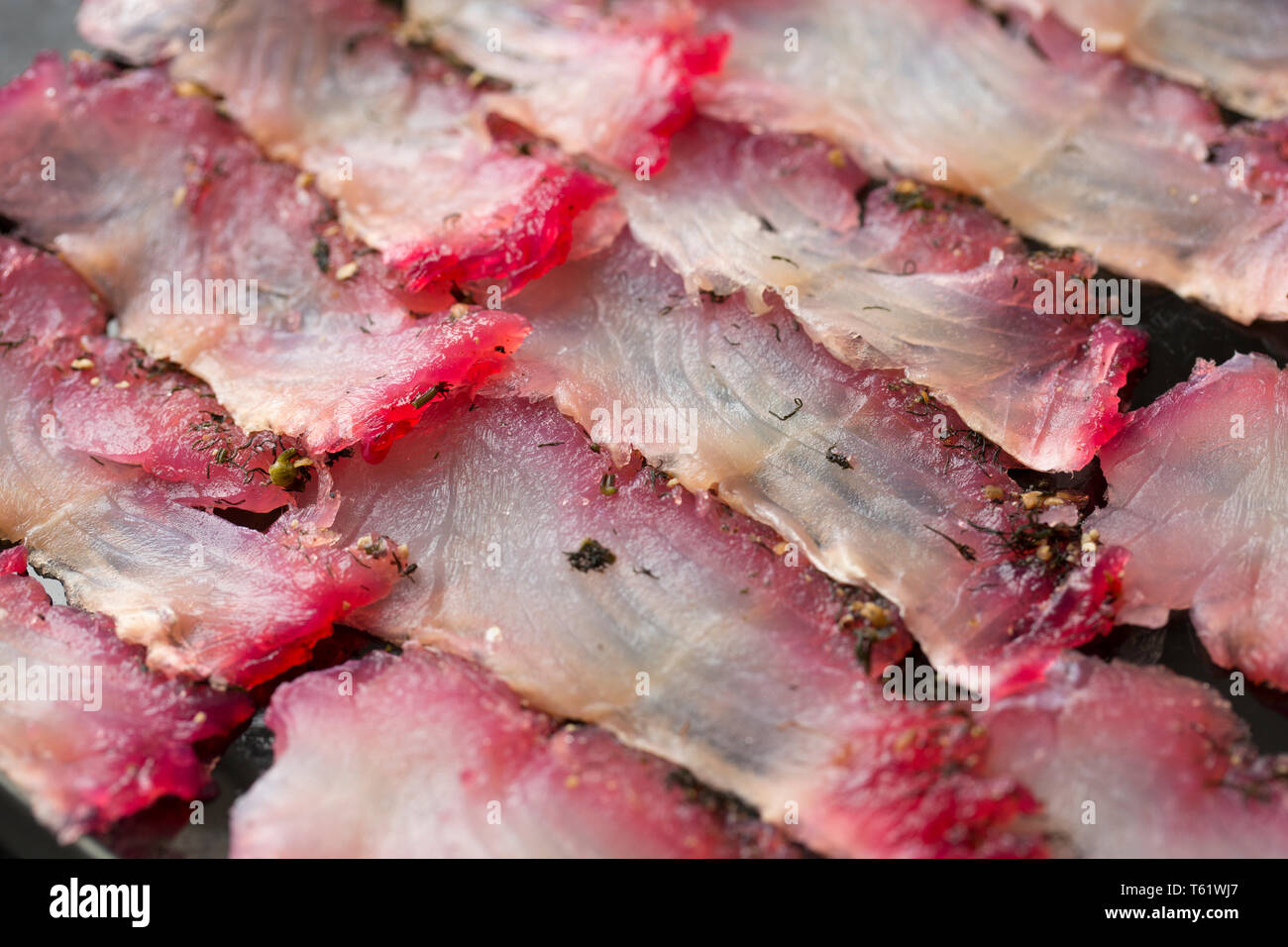 Slices from a pollack fillet, pollachius pollachius, from a fish that ...