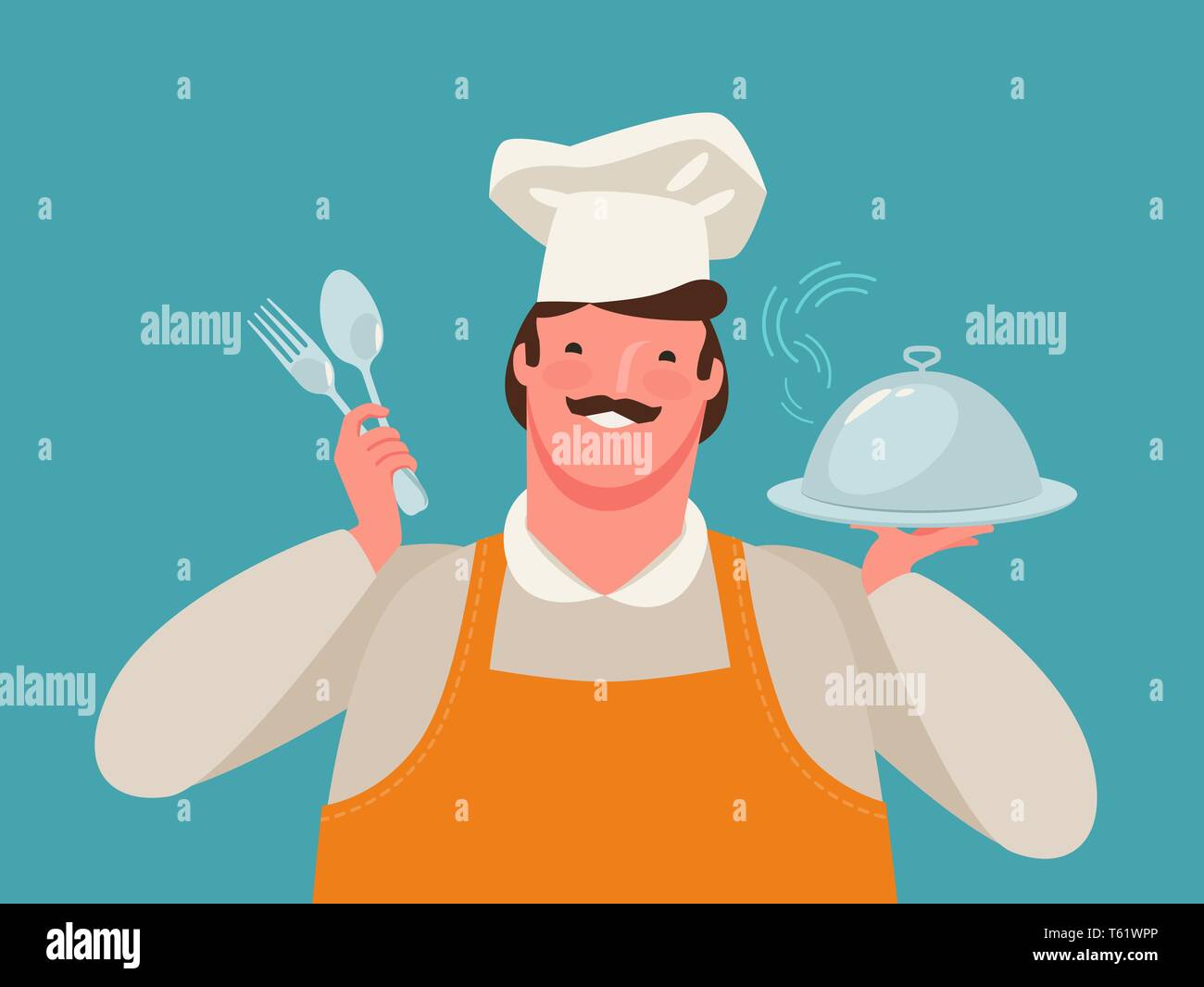 Happy chef holding a tray of food. Restaurant, cartoon vector ...