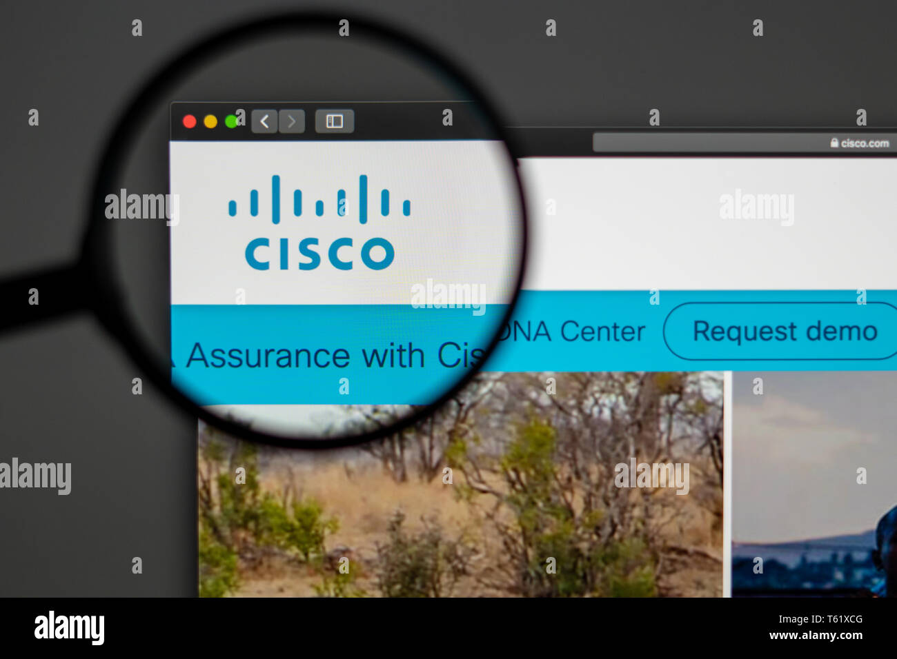 Cisco company website homepage. Close up of Cisco logo. Can be used as ...