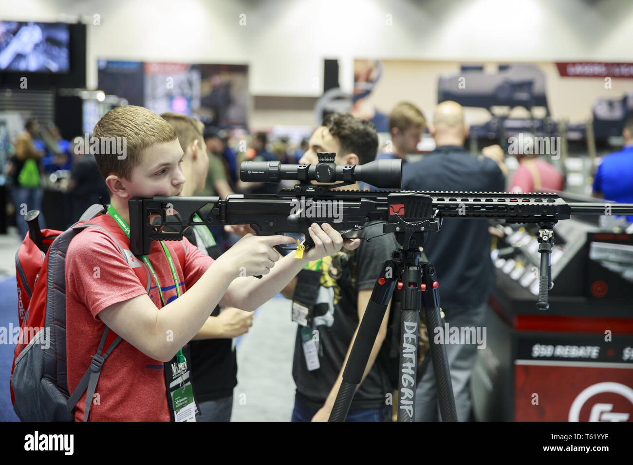 Indianapolis, Indiana, UK. 27th Apr, 2019. A boy looks through the ...