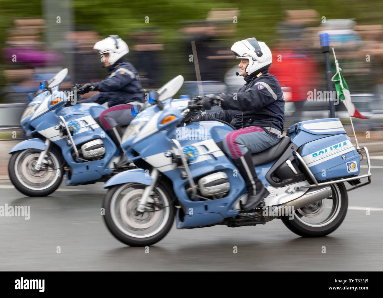 Kulmbach, Germany. 28th Apr, 2019. Motorcycles of the Italian police ...