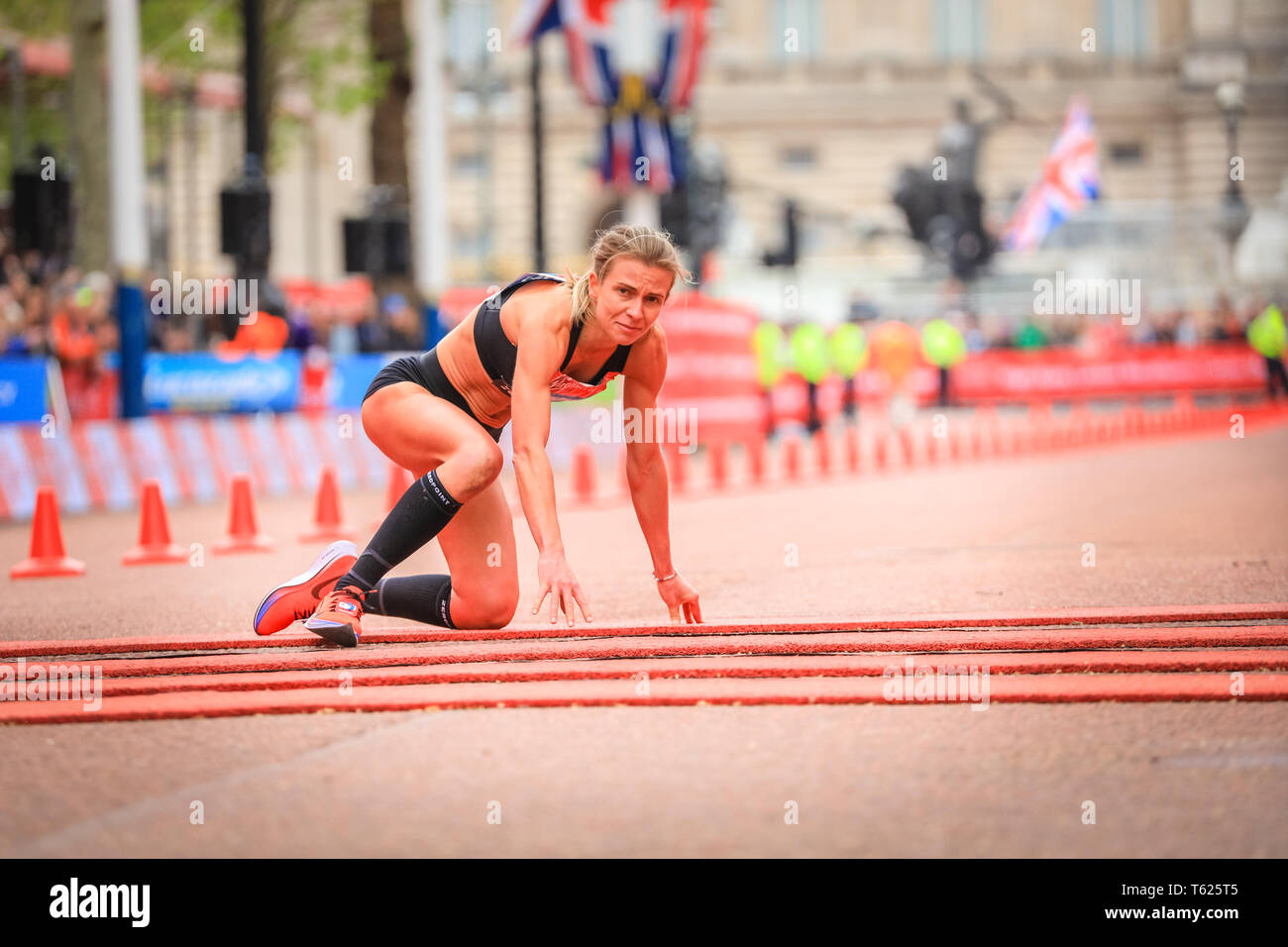 London, UK. 28th April 2019. Hayley Carruthers (GBR) finishes the race ...