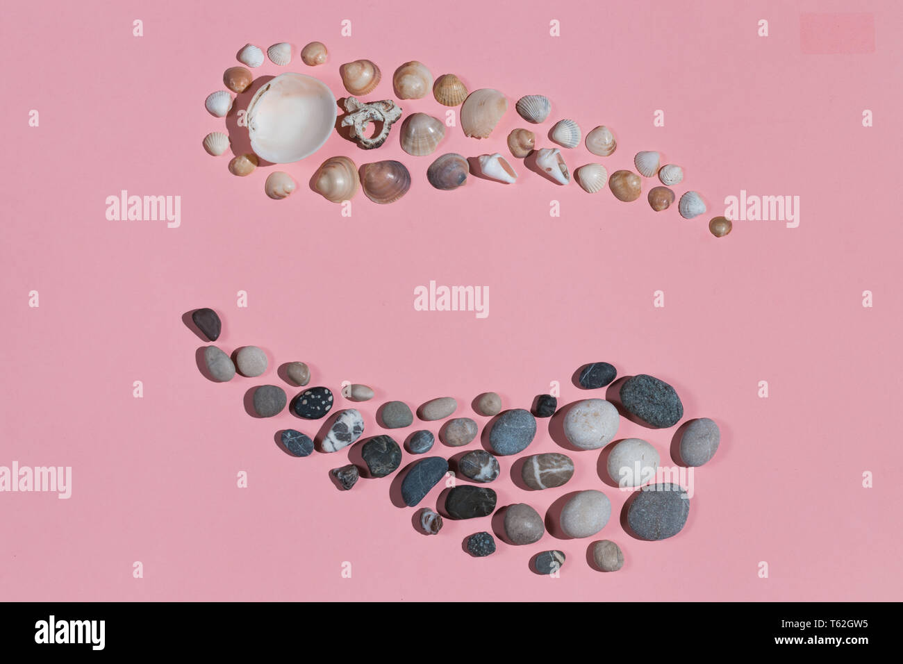 Sign of yin yang laid out of black and white stones and seashells ...