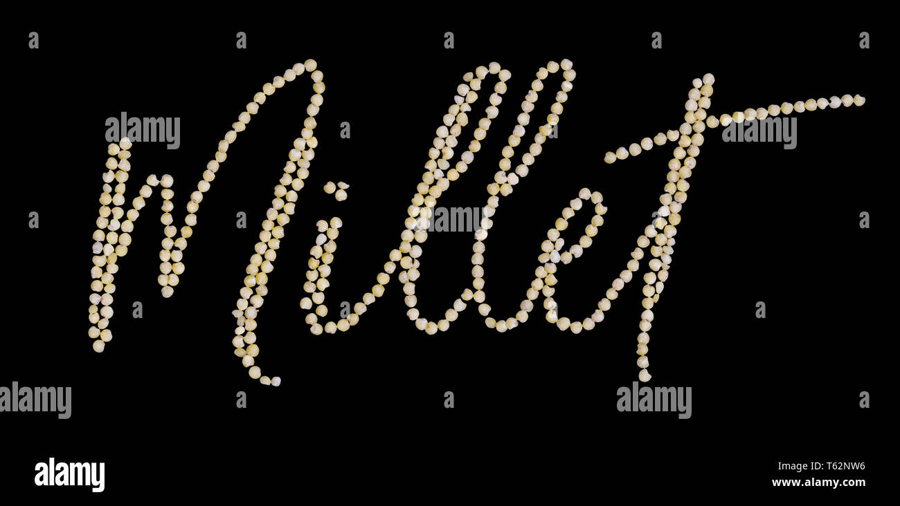 Word Millet made from raw grains, isolated on black background with ...