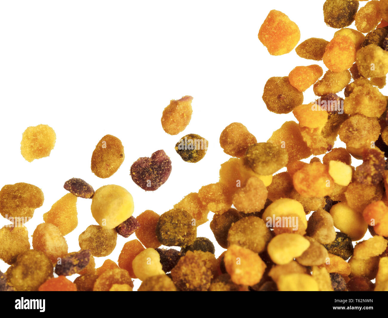 Extreme closeup view of bee pollen on white background. Isolated one ...