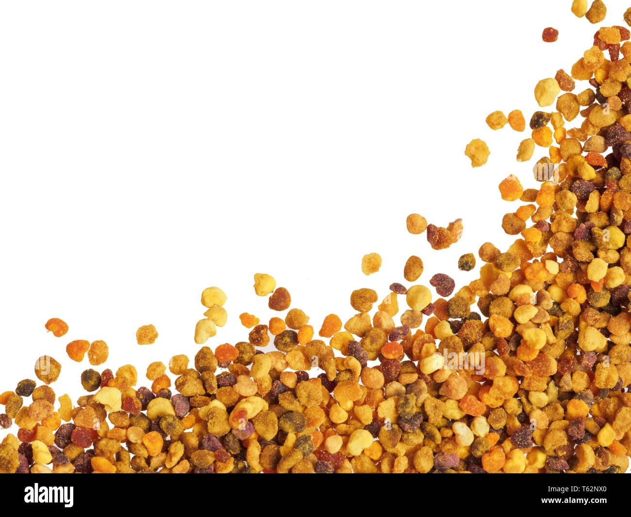 Extreme closeup view of bee pollen on white background. Isolated one ...